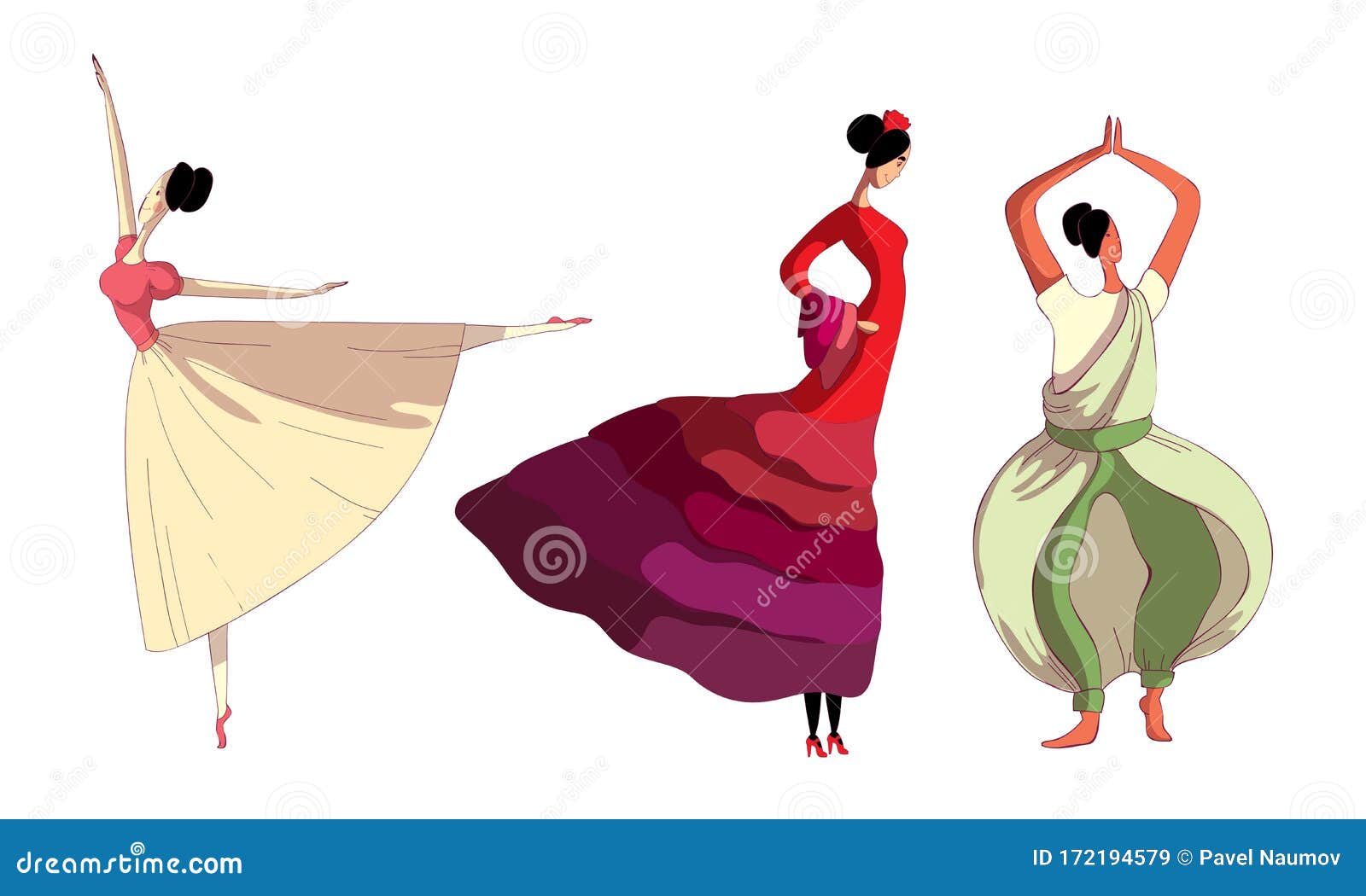 Women Wearing Dresses Performing Different Dances Vector Set ...