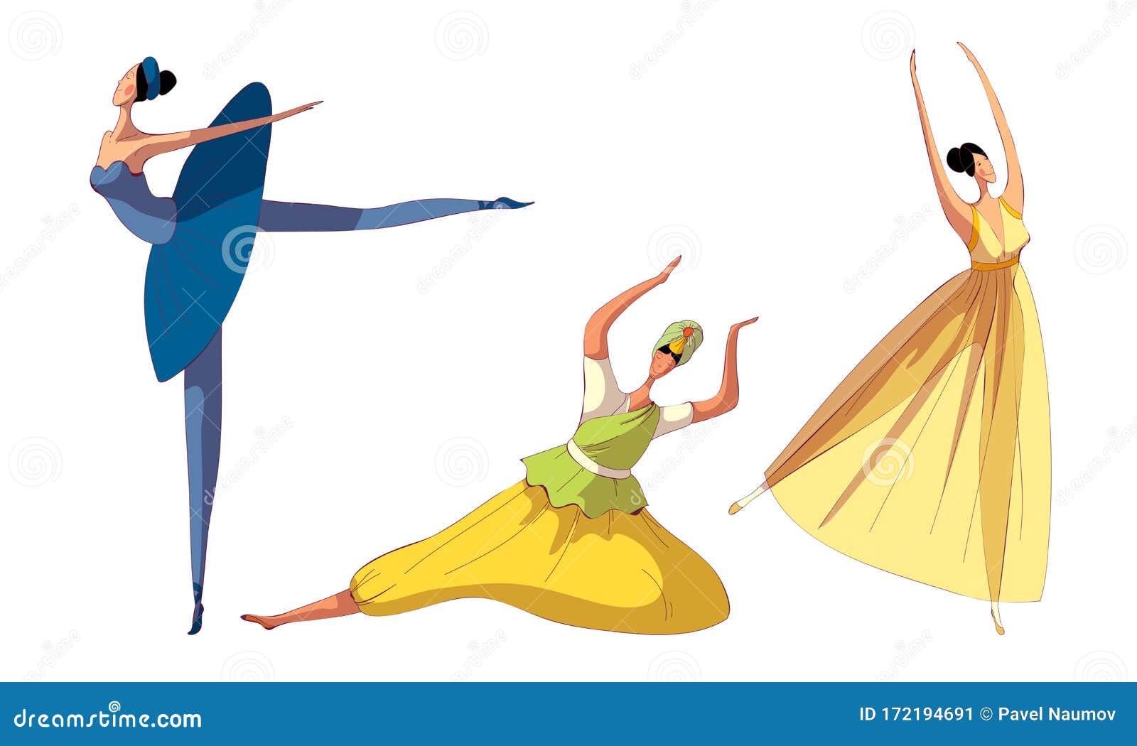 Women Wearing Dresses Performing Different Dances Vector Set Stock ...