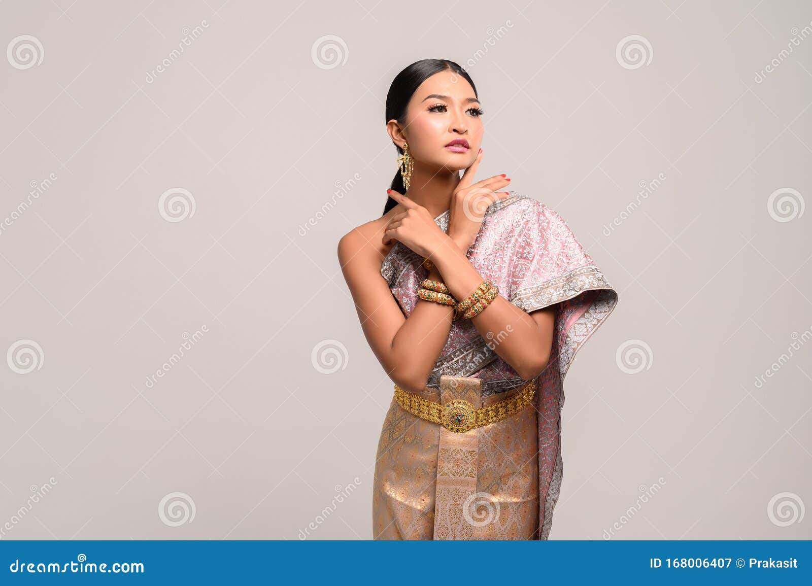 Women Wearing Thai Clothes and Hands Touching Their Faces Stock Image ...