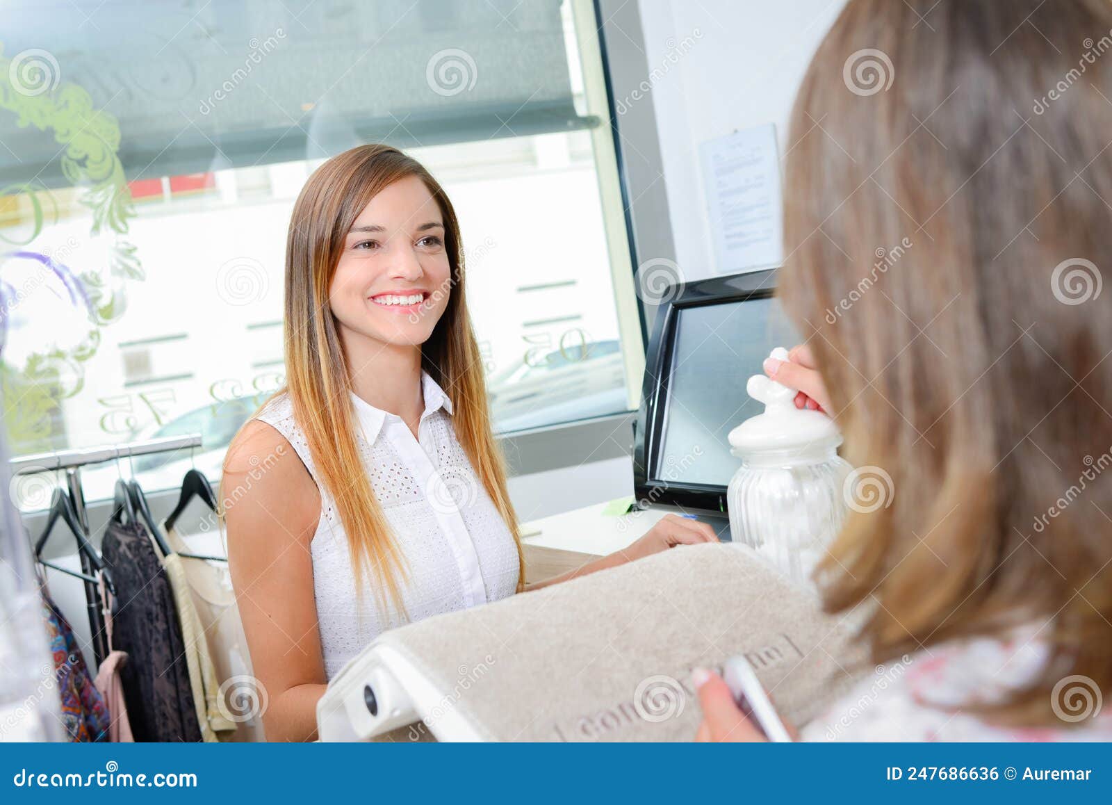 Woman worker in shop stock photo. Image of computer - 247686636