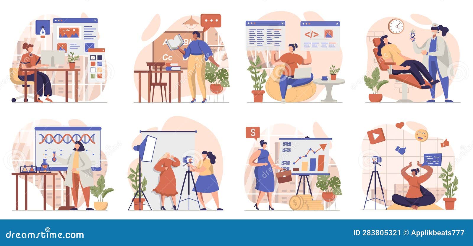 Women Working Collection of Scenes Isolated. People Work at Different ...