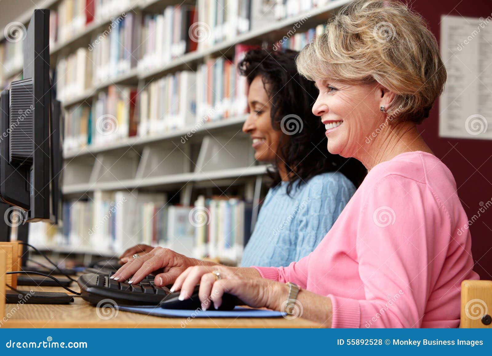 Women Working on Computers in Library Stock Photo - Image of academic ...