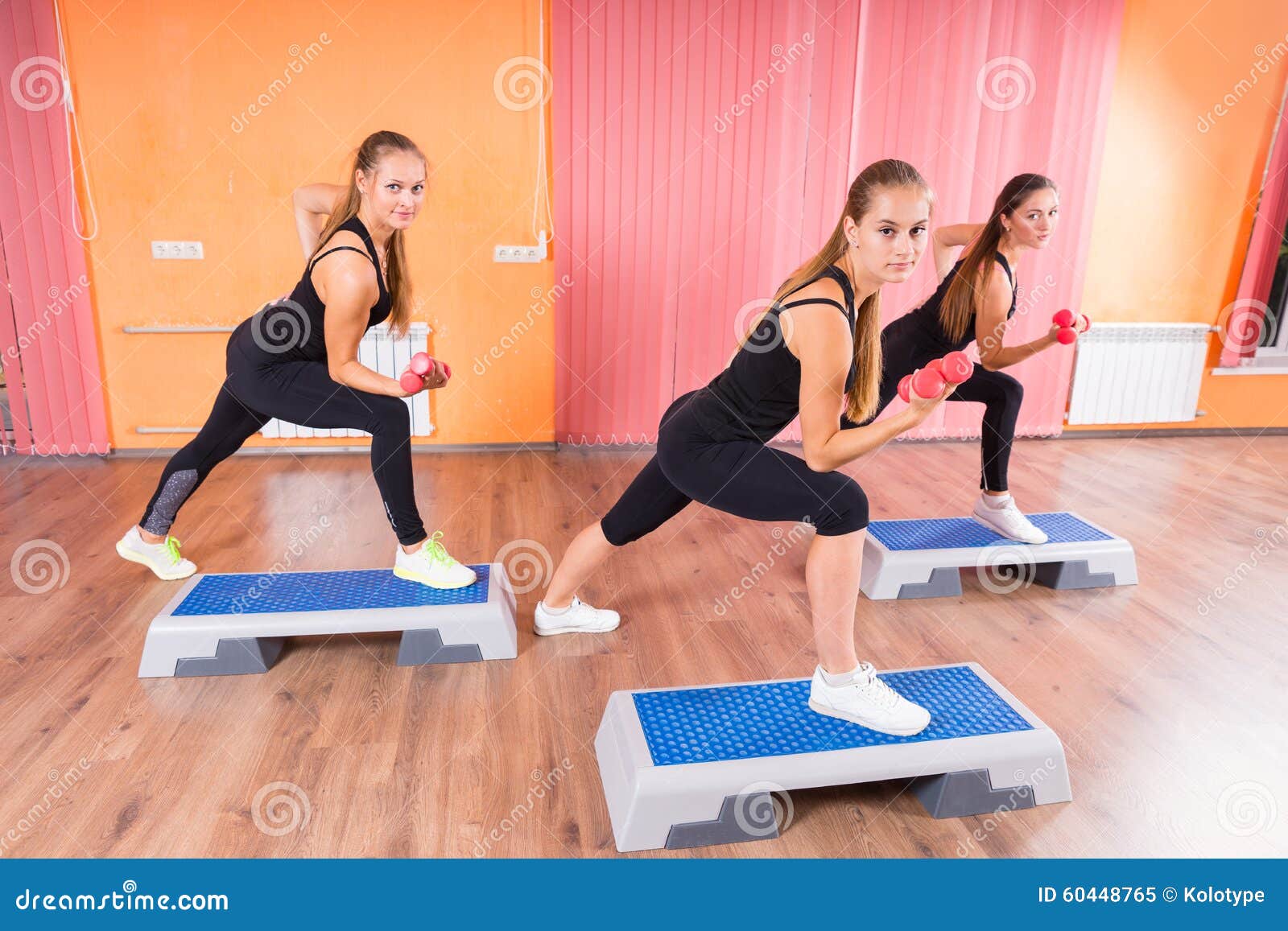 Women in Workout Using Dumbbells and Aerobic Steps Stock Image - Image ...