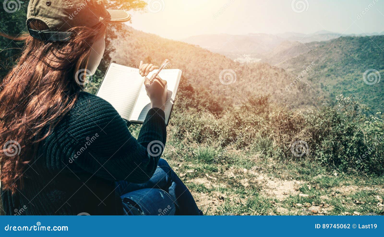 Women Write Notes Nature Trails, Mountains, Forests. Writer Stock Photo ...