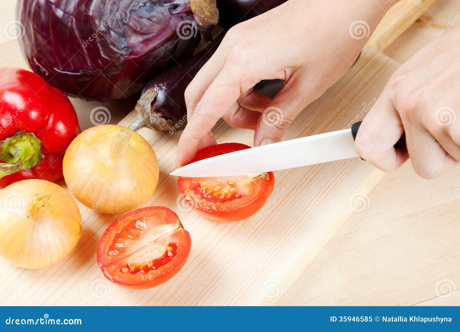Womens Hands with a Knife Cut Vegetables Stock Image - Image of onion ...