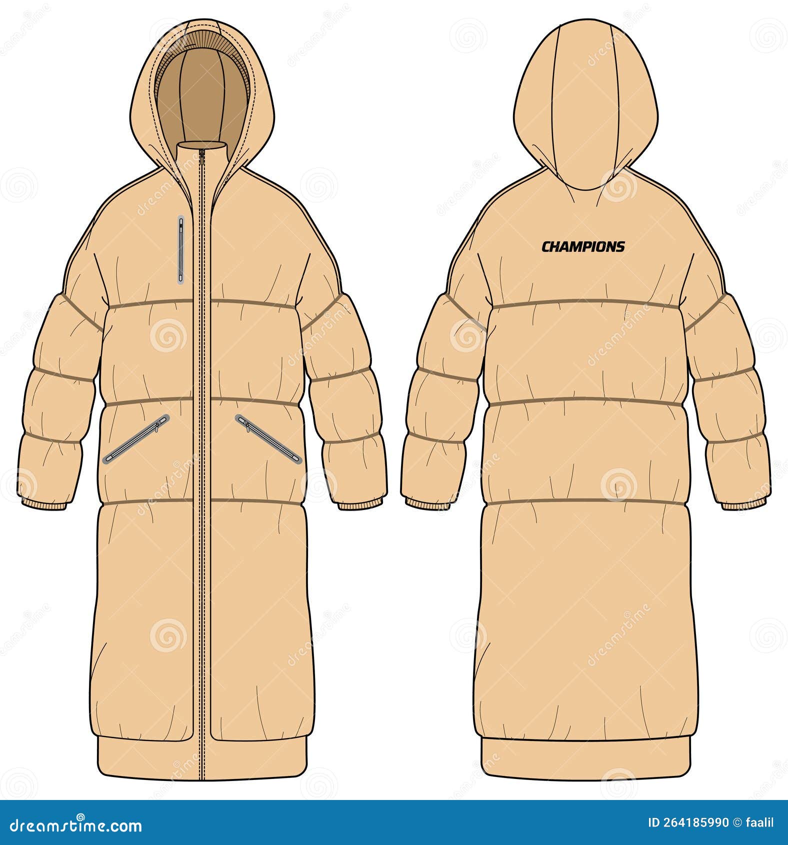 Womens Long Line Quilted Puffer Hoodie Jacket Design Flat Sketch