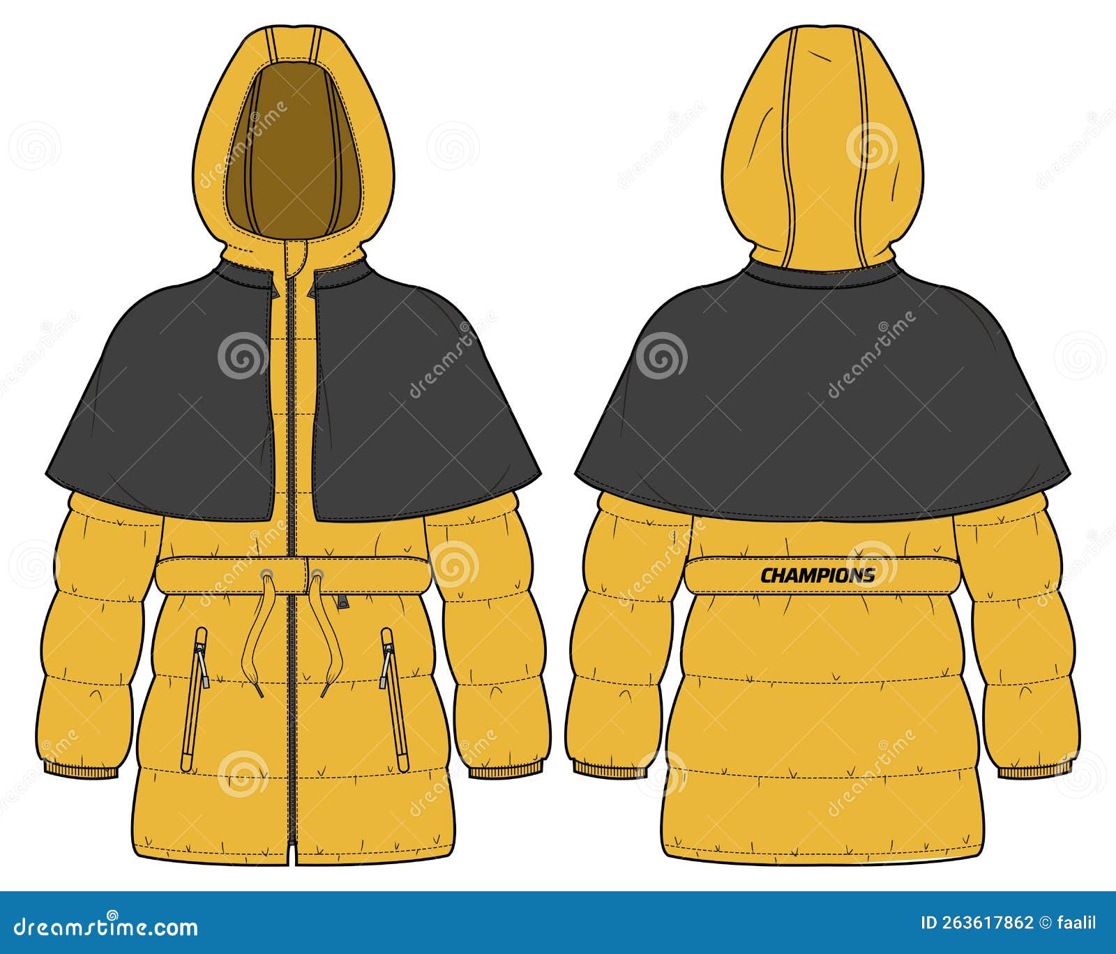 Womens Quilted Puffer Hoodie Jacket Design Flat Sketch Illustration