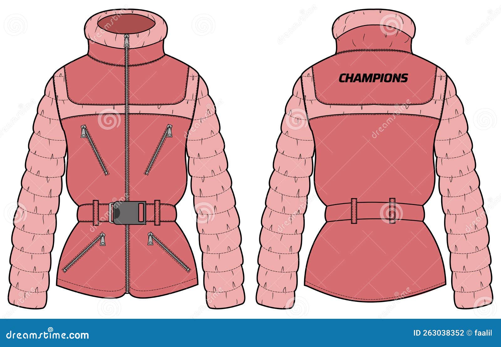 Womens Quilted Puffer Jacket Design Flat Sketch Illustration, Down ...