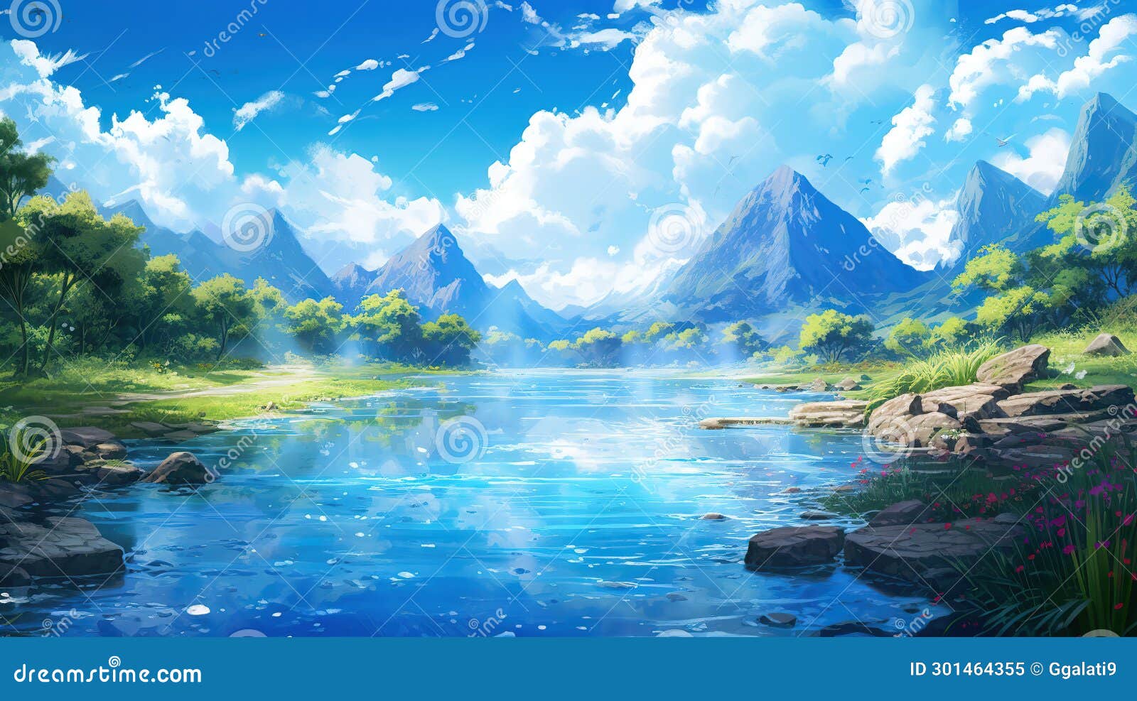 Wonderful Anime Landscape Artwork, Peaceful River Flowing Stock ...