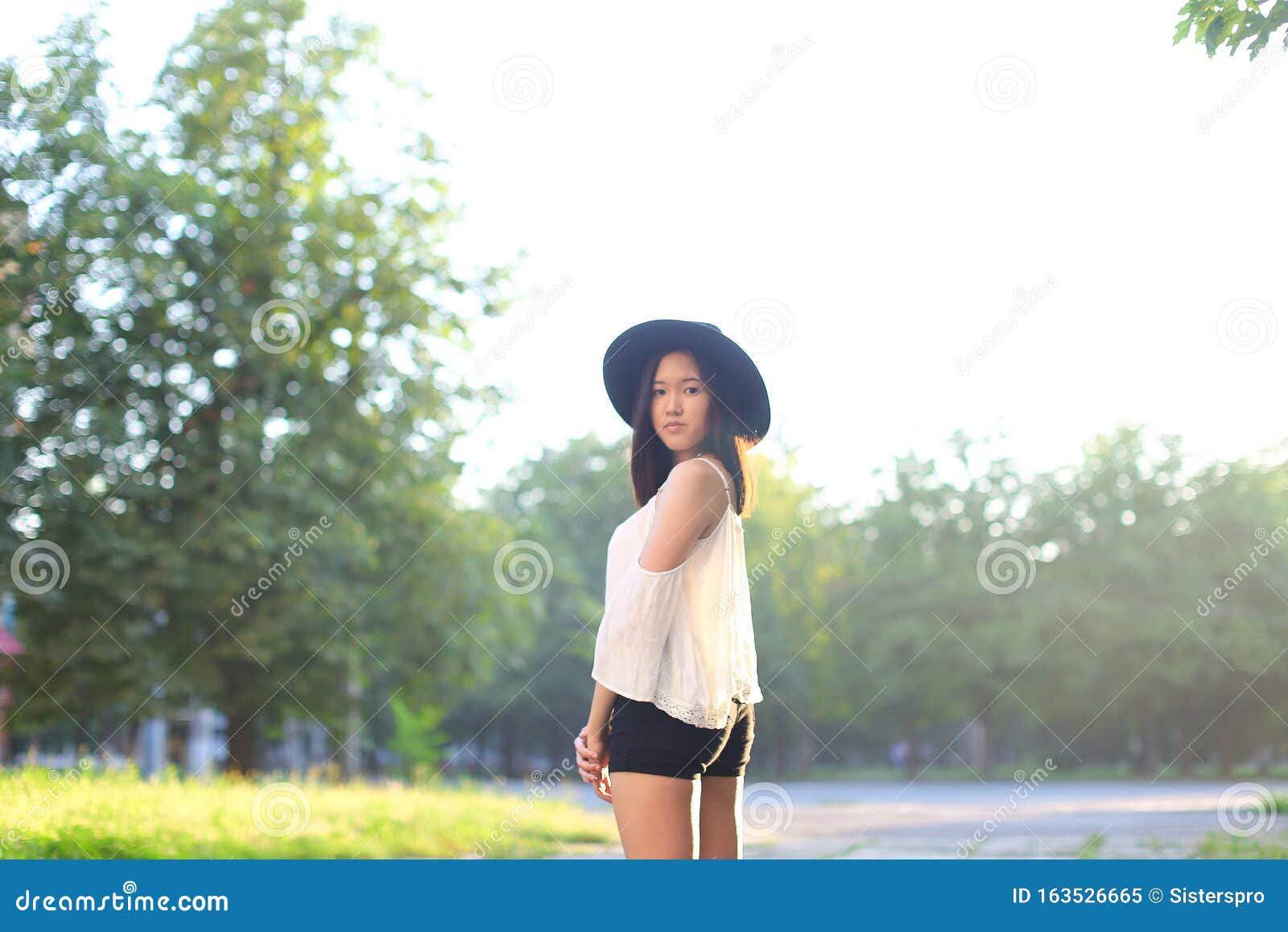 Wonderful Female Hat Asian Sunset Cheerful Emotions Laughter Stock