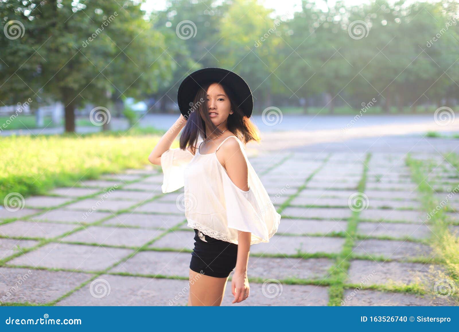 Wonderful Female Hat Asian Sunset Cheerful Emotions Laughter Stock