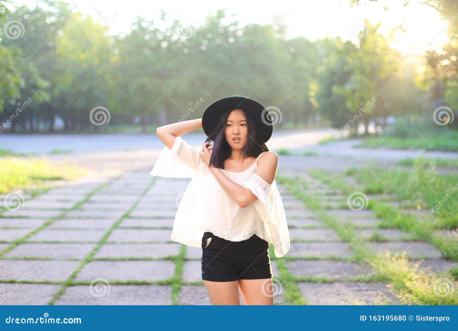 Wonderful Female Hat Asian Sunset Cheerful Emotions Laughter Stock