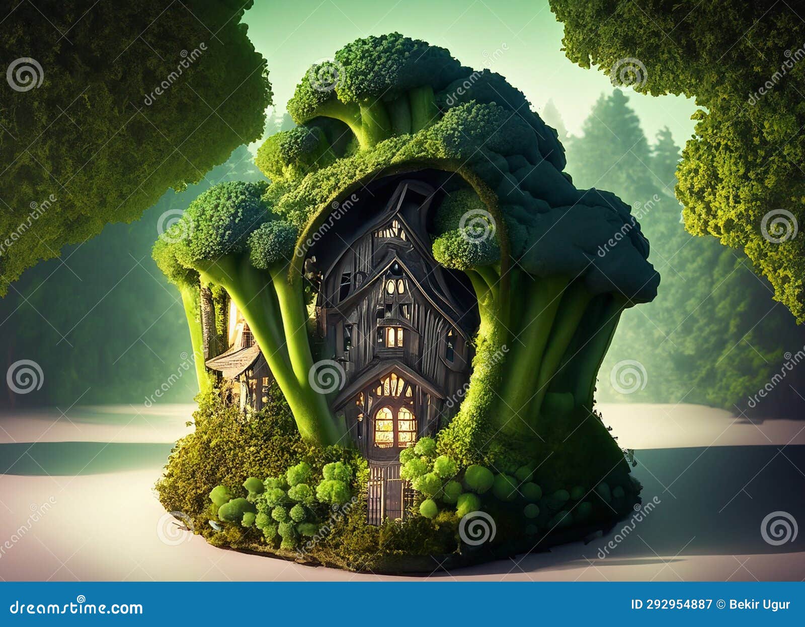 Wonderful Forest House Made in the Shape of Broccoli Stock Illustration ...