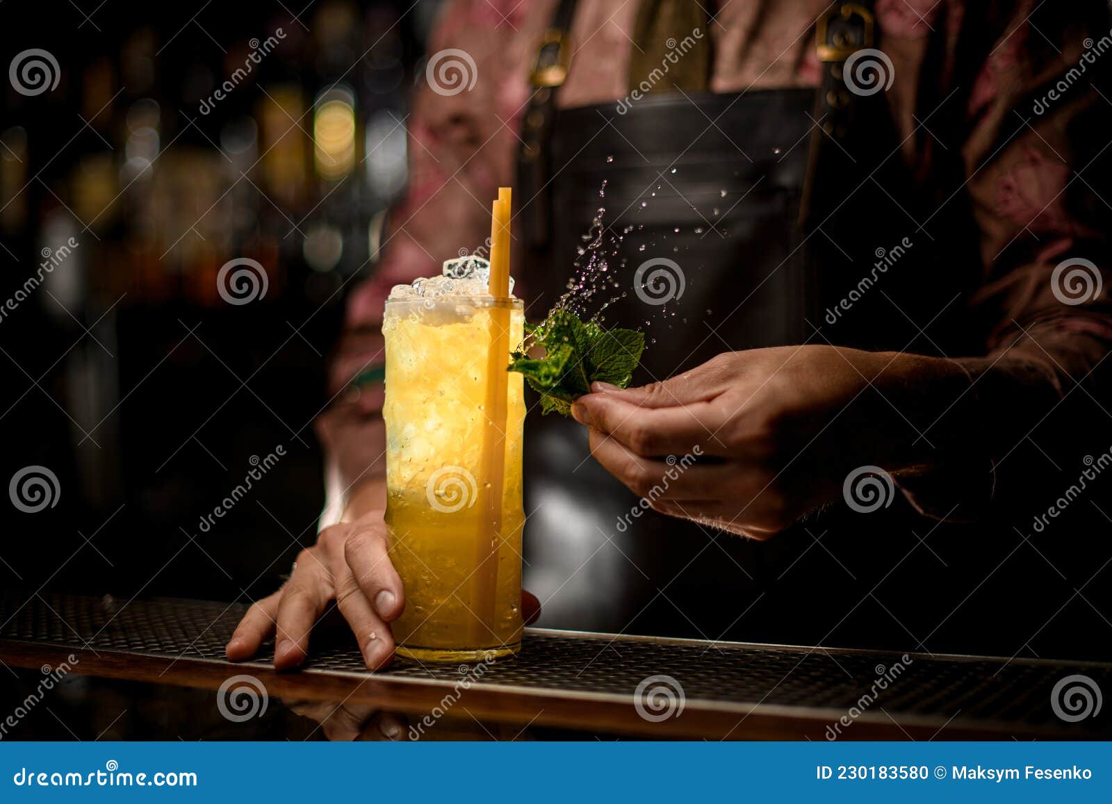 Wonderful View Of Glass Full Of Ice And Cocktail With Drinking Straws