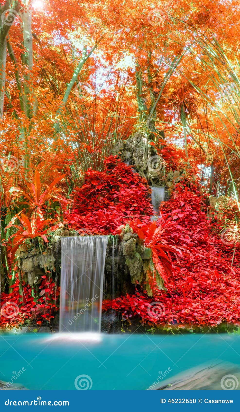 Wonderful Waterfall and Red Leaf in Deep Forest at National Park Stock ...
