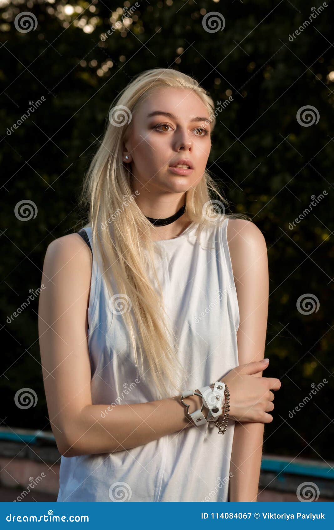 Wonderful Blonde Girl With Long Hair Dressed In Fashionable Clot Stock
