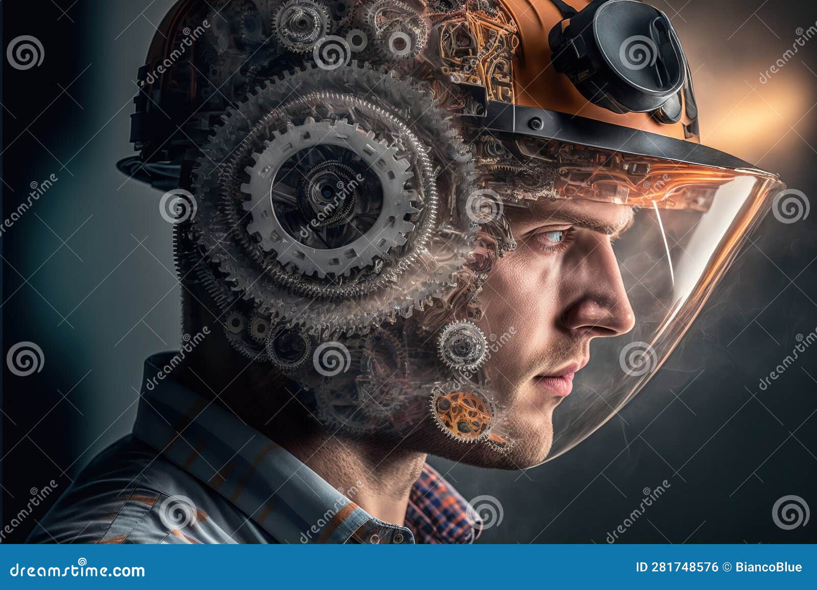 Wondrous Portrait of Engineer Cover with Steel Gears in Double Exposure ...