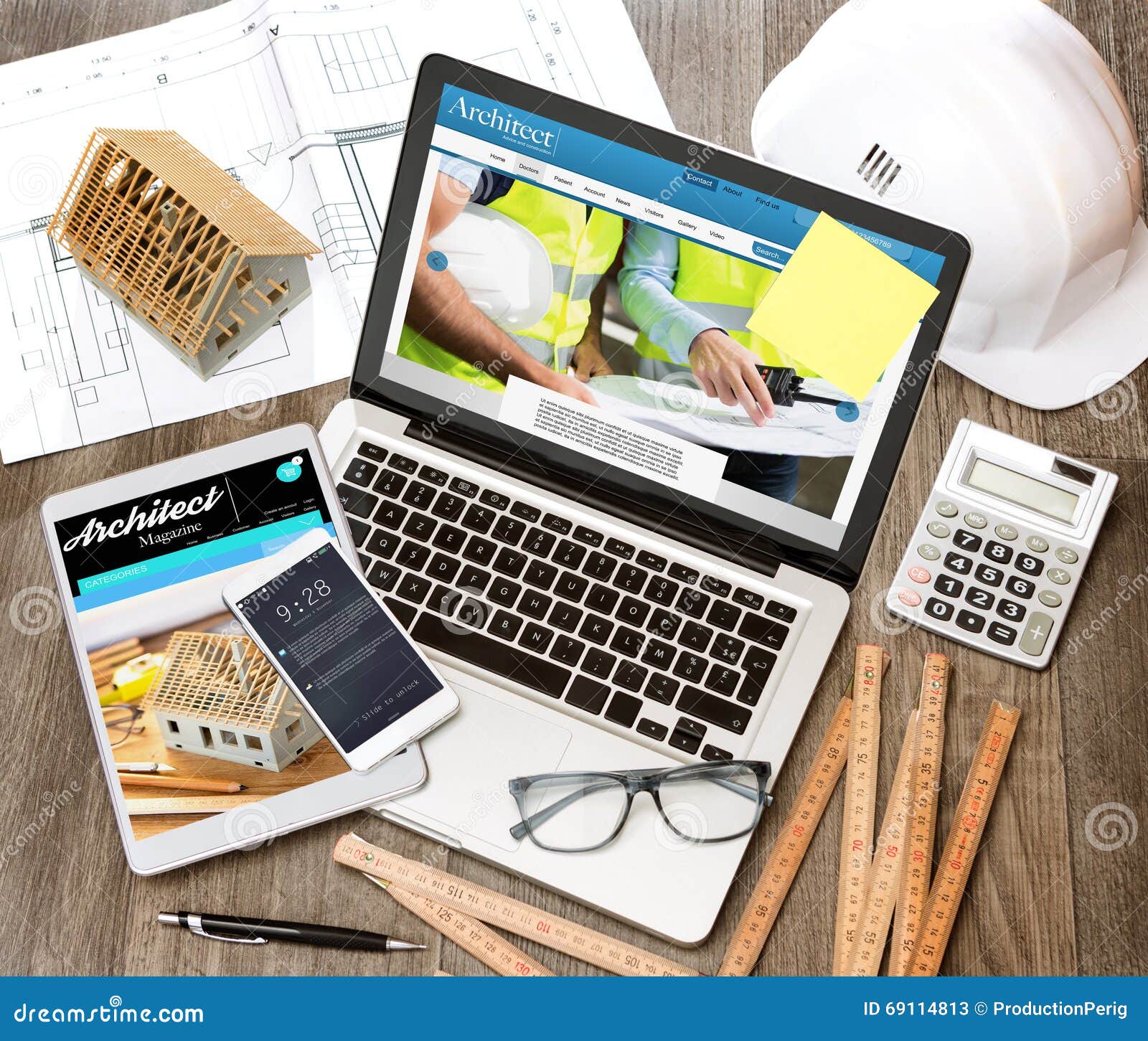 Wood Architect S Desk in High Definition with Laptop, Tablet and Stock ...