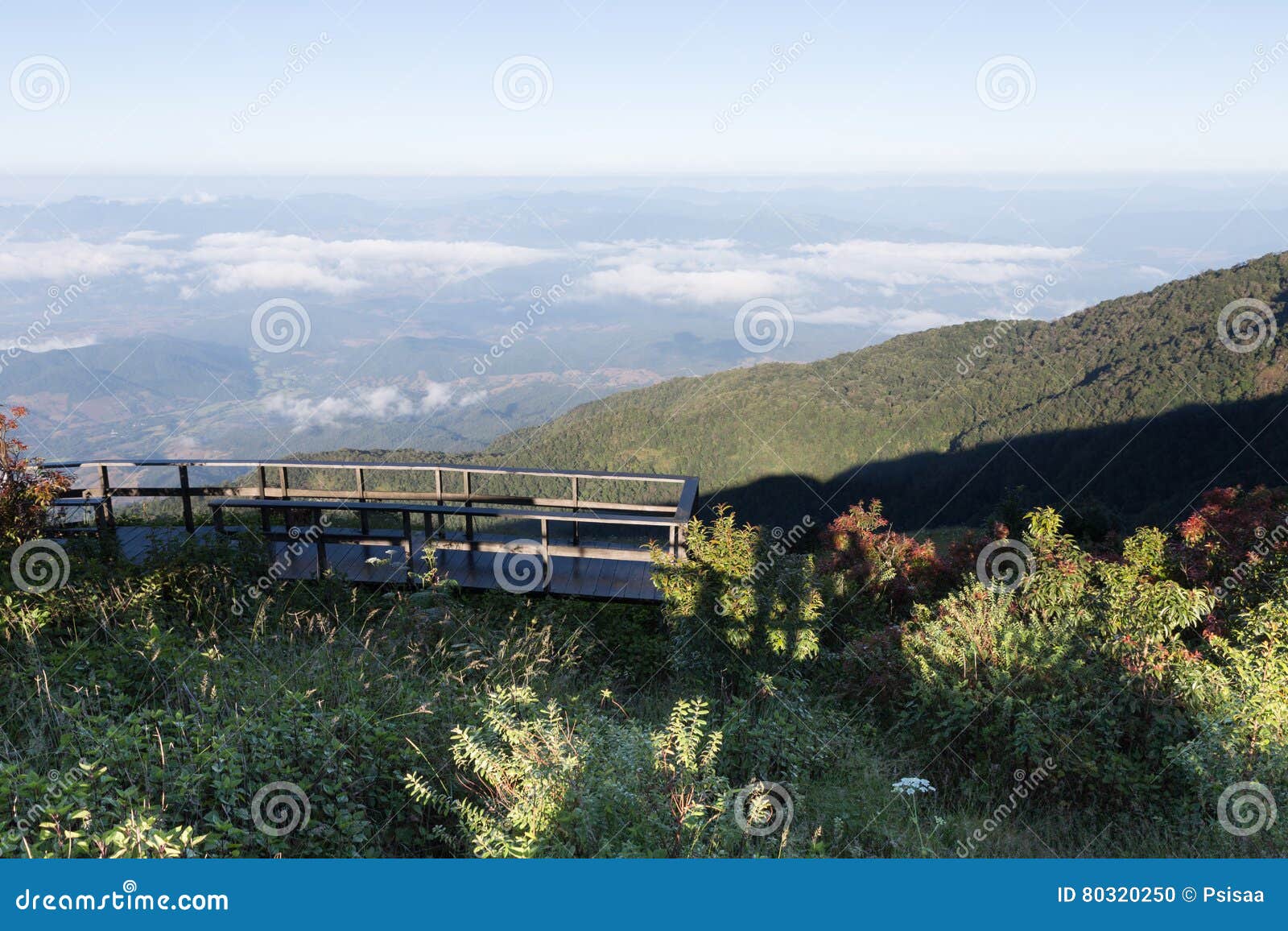 Wood Balcony with Mountain View in Morning Stock Photo - Image of ...