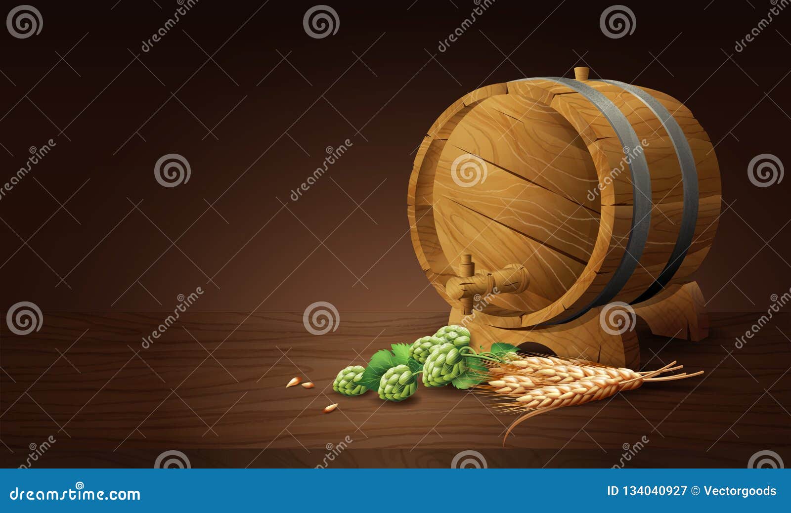 Wood Barrel with Wheat and Hops in 3d Illustration Stock Vector ...