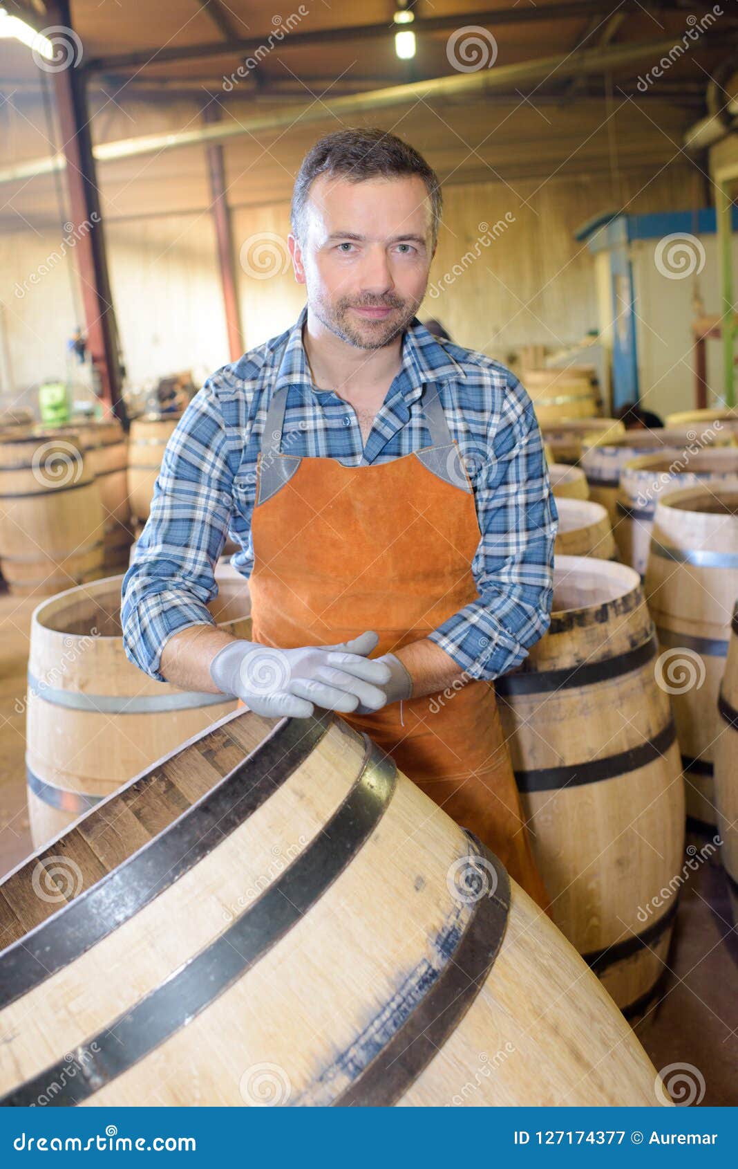 Wood Barrels Production Cooper Using Hammer and Tools in Workshop Stock ...