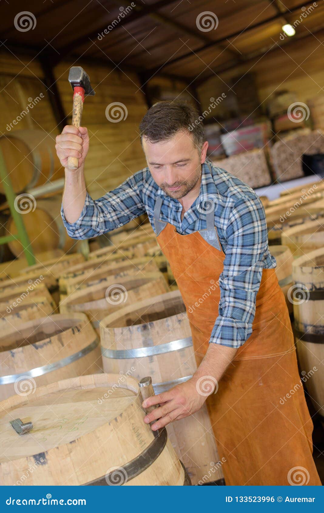Wood Barrels Production Cooper Using Hammer and Tools in Workshop Stock ...