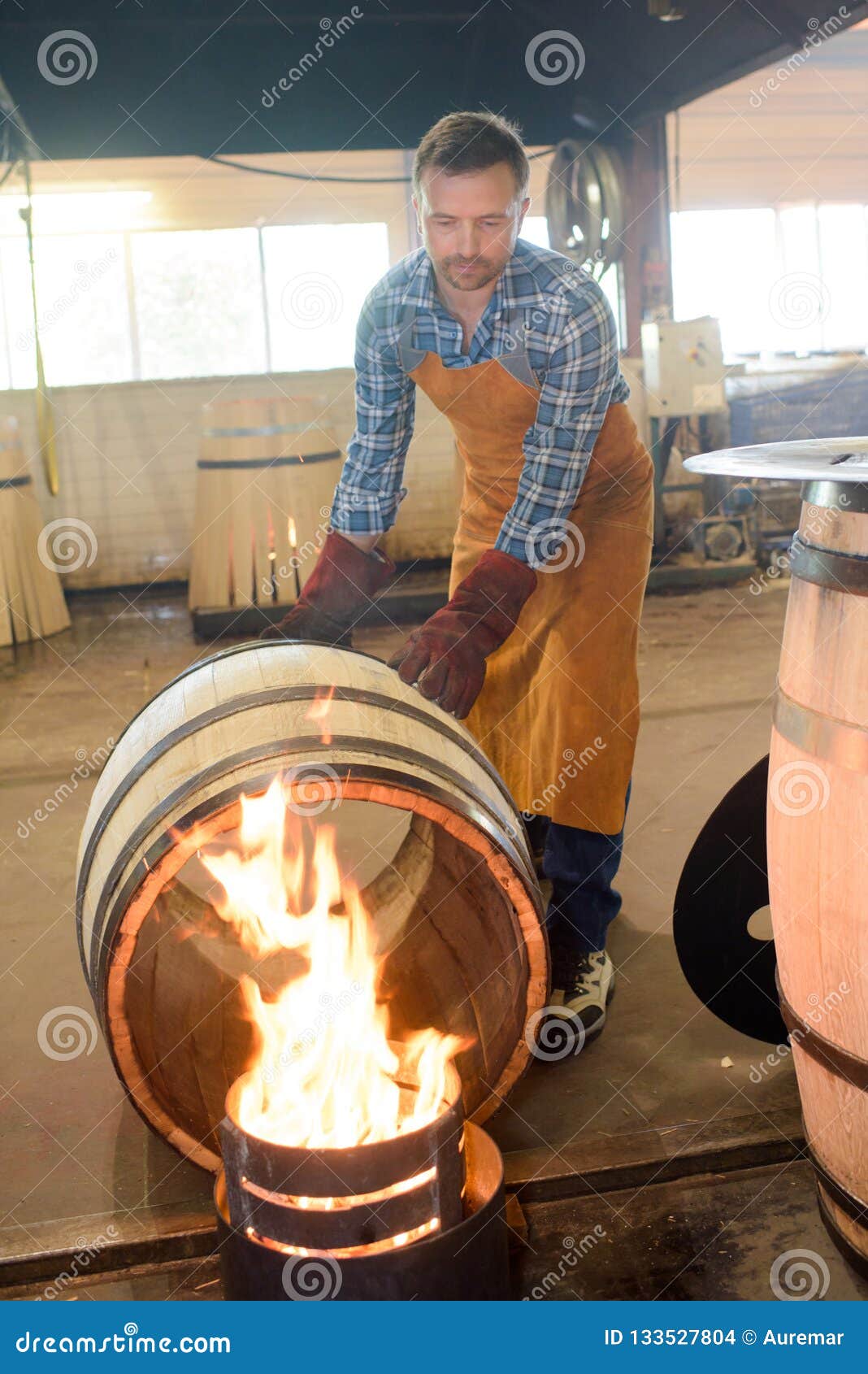 Wood Barrels Production Cooper Using Hammer and Tools in Workshop Stock ...