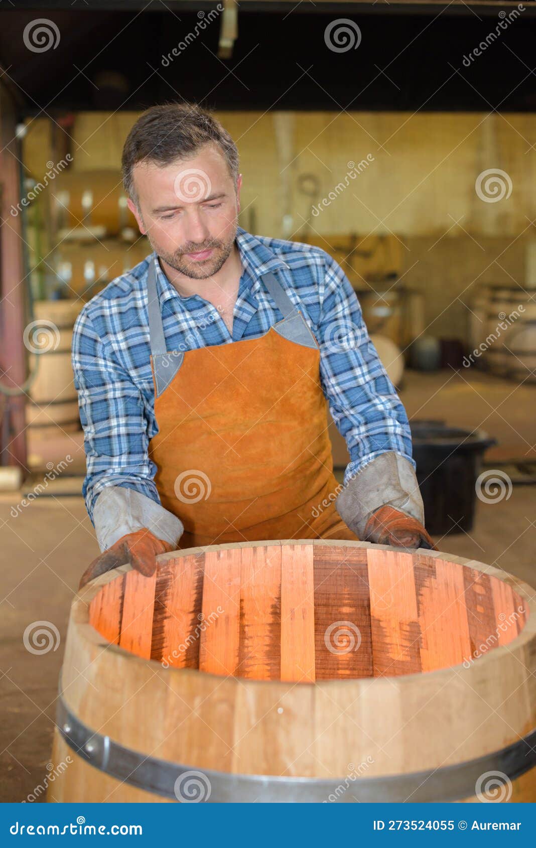 Wood Barrels Production Cooper Using Hammer and Tools in Workshop Stock ...
