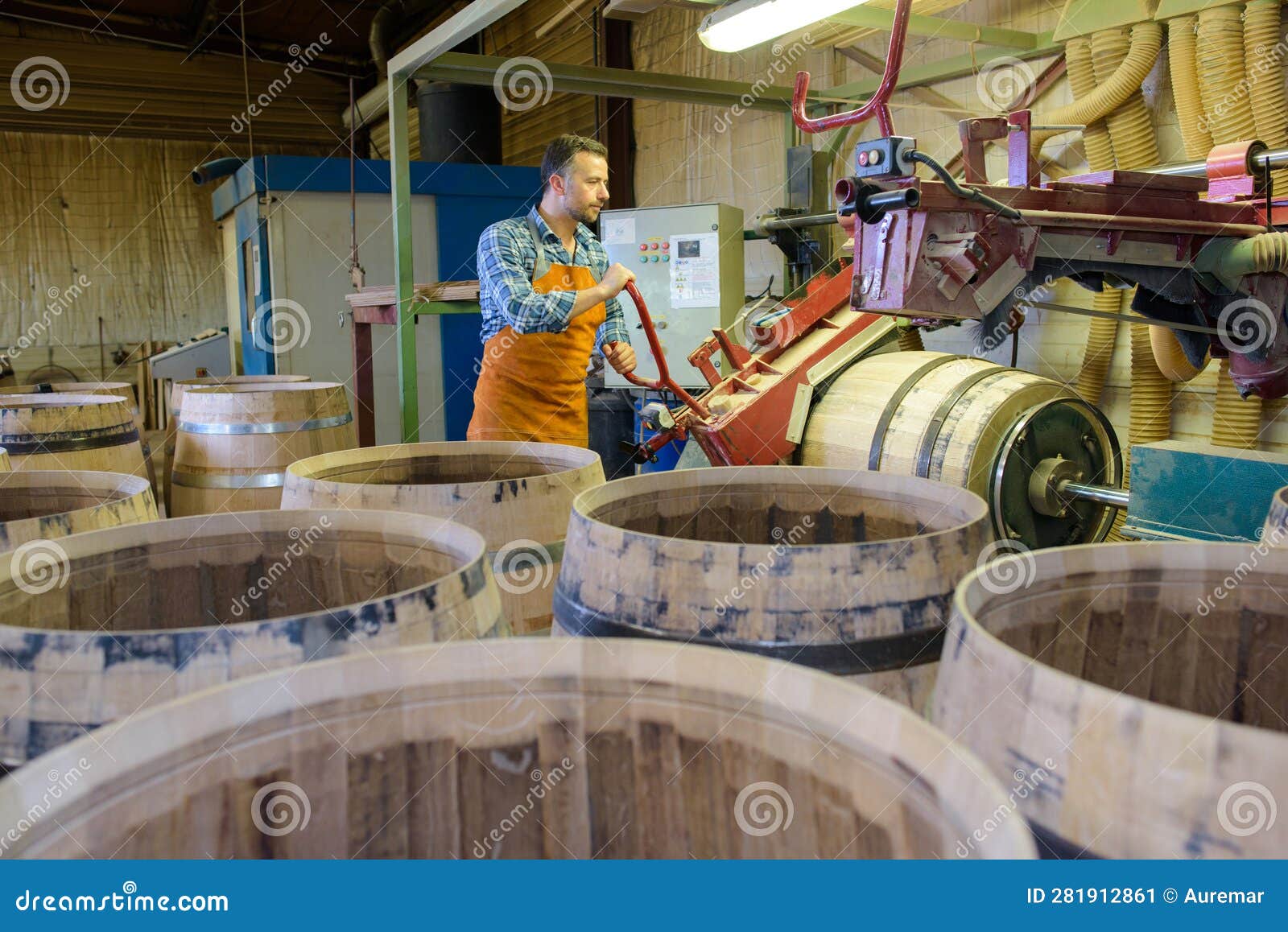Wood Barrels Production Cooper Using Hammer and Tools in Workshop Stock ...