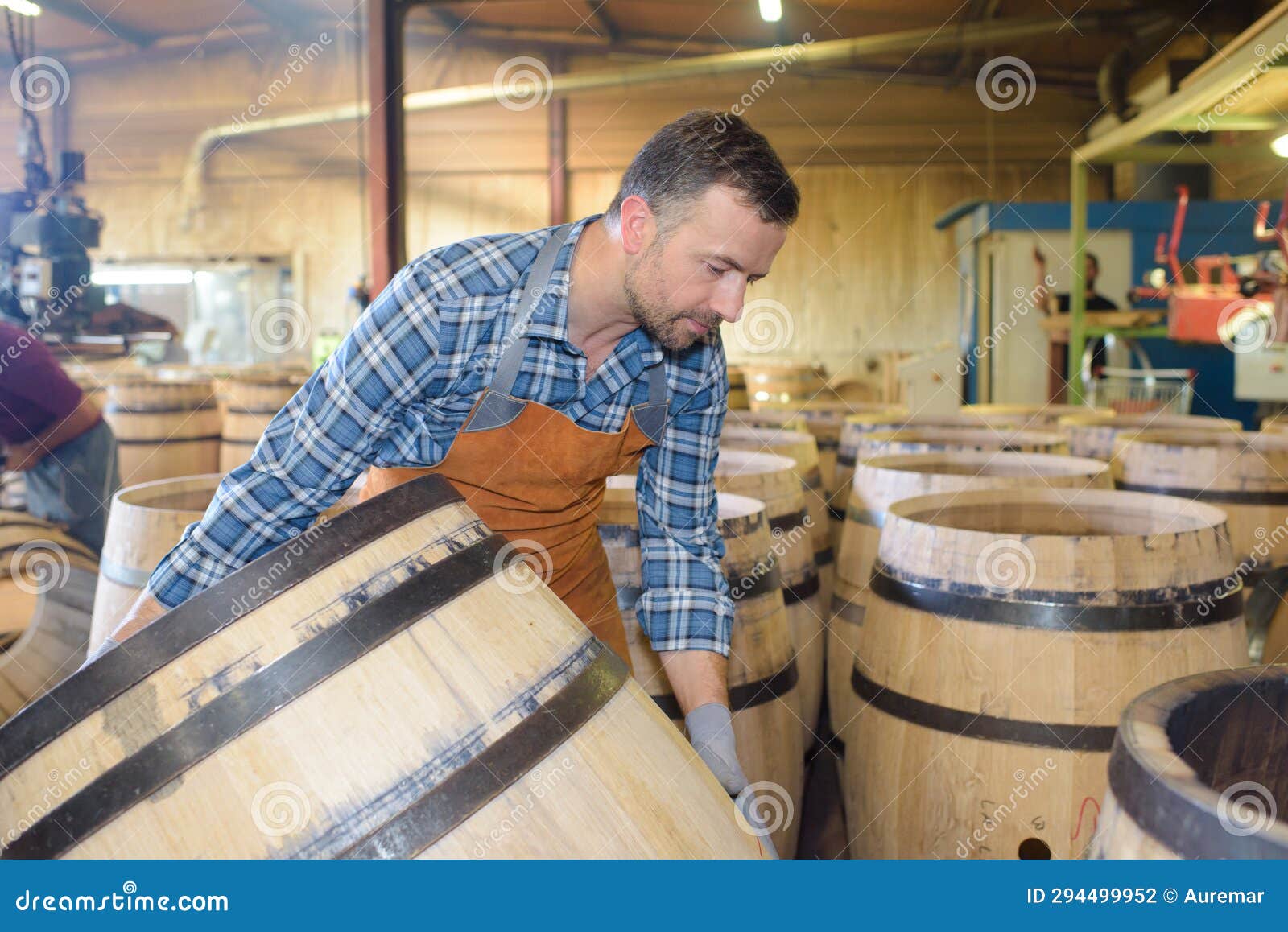 Wood Barrels Production Cooper Using Hammer and Tools in Workshop Stock ...