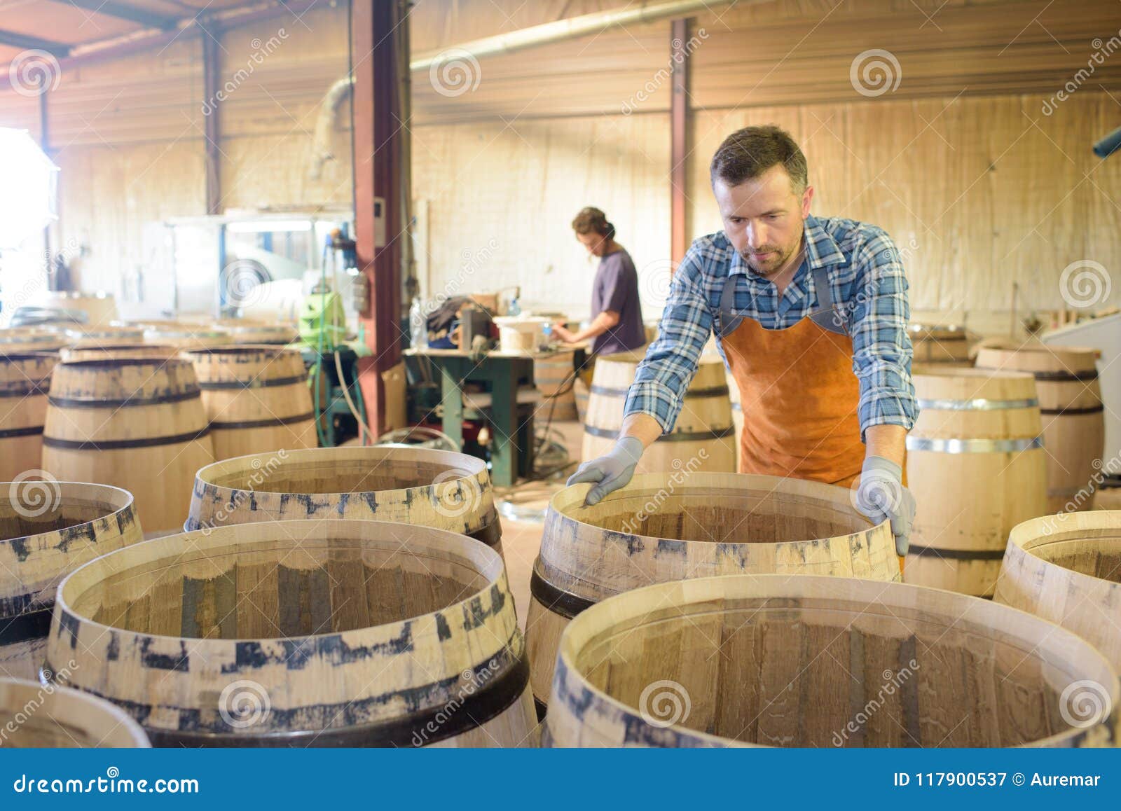 Wood Barrels Production Cooper Using Hammer and Tools in Workshop Stock ...