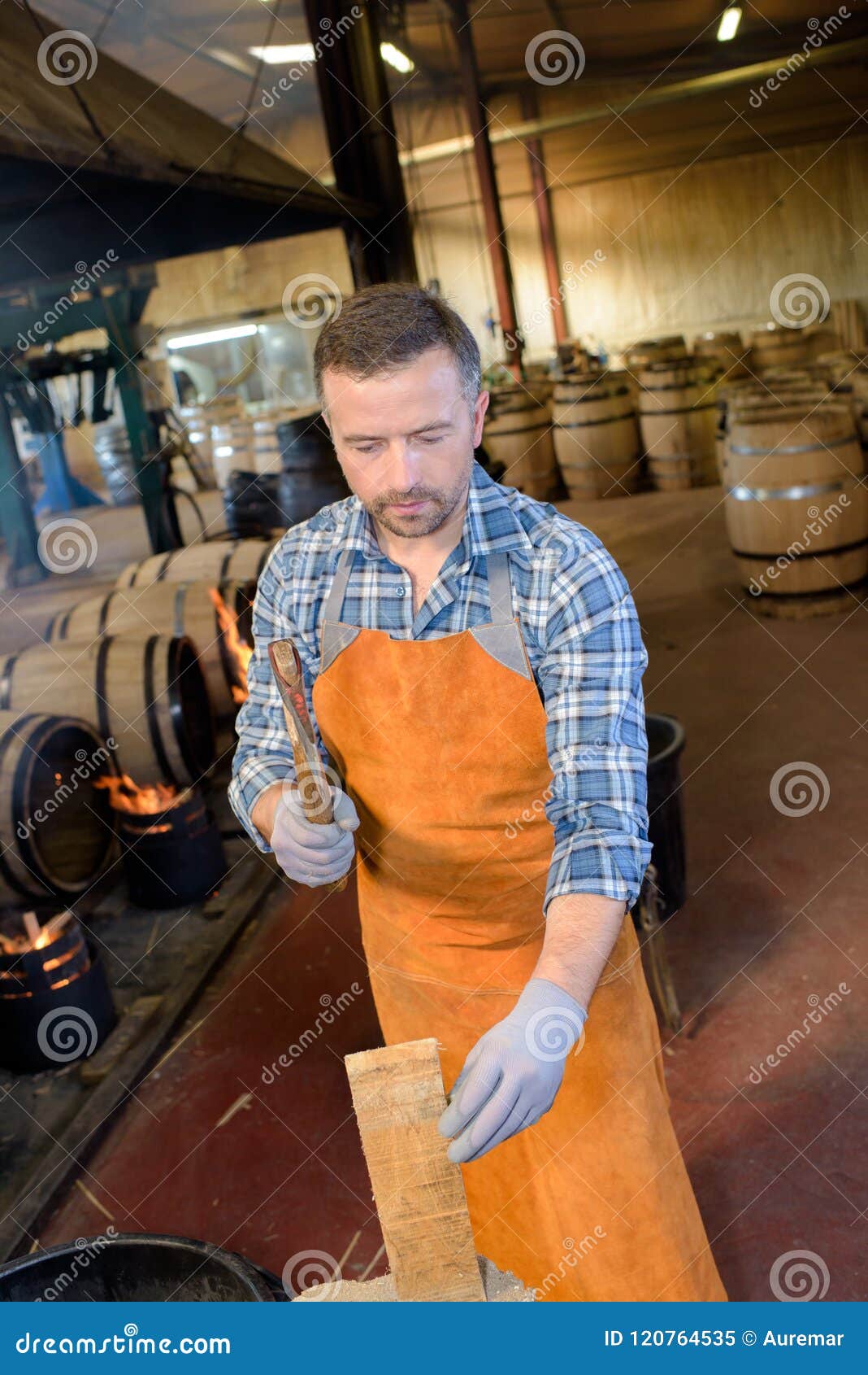 Wood Barrels Production Cooper Using Hammer and Tools in Workshop Stock ...