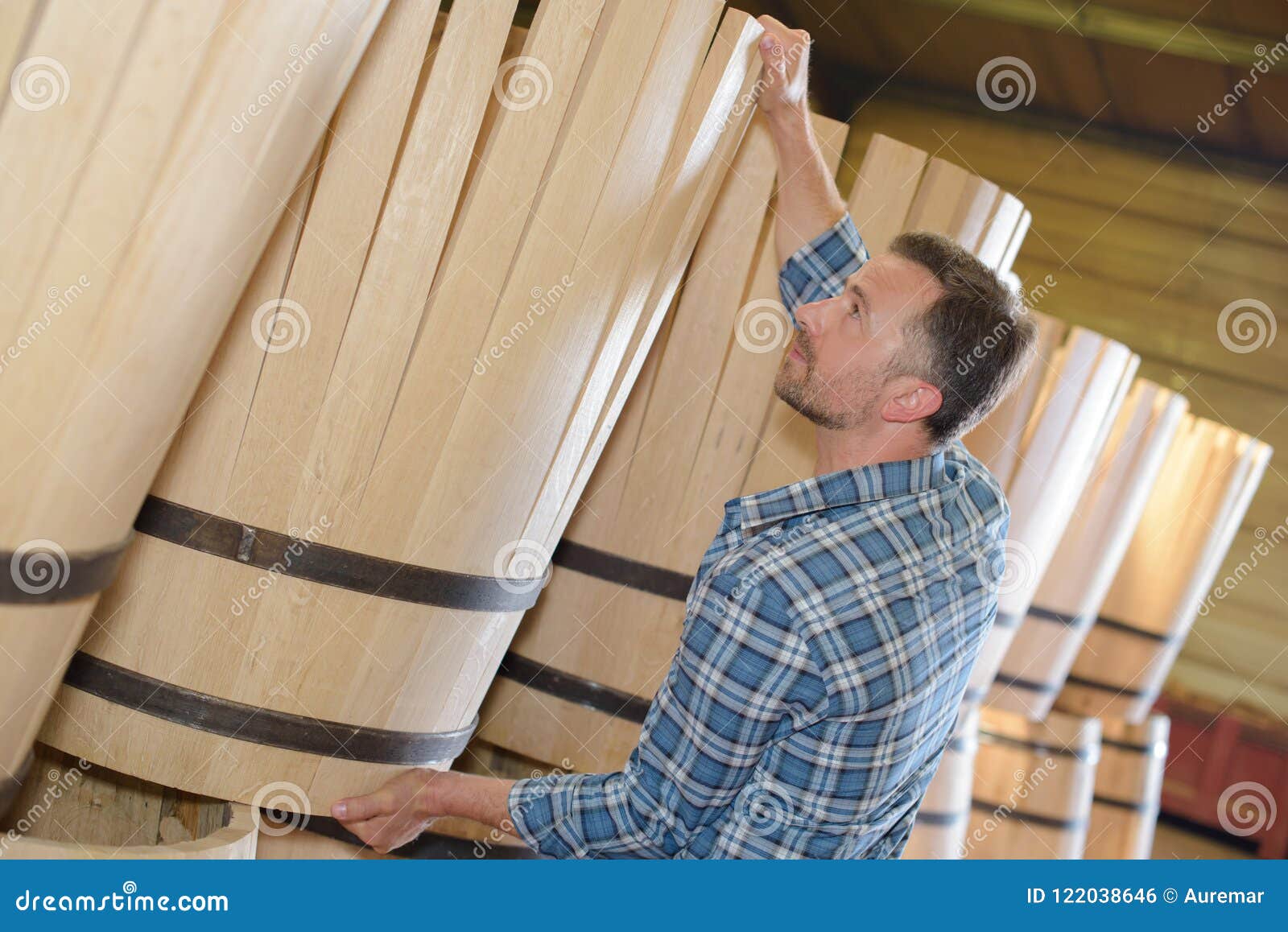 Wood Barrels Production Cooper Using Hammer and Tools in Workshop Stock ...