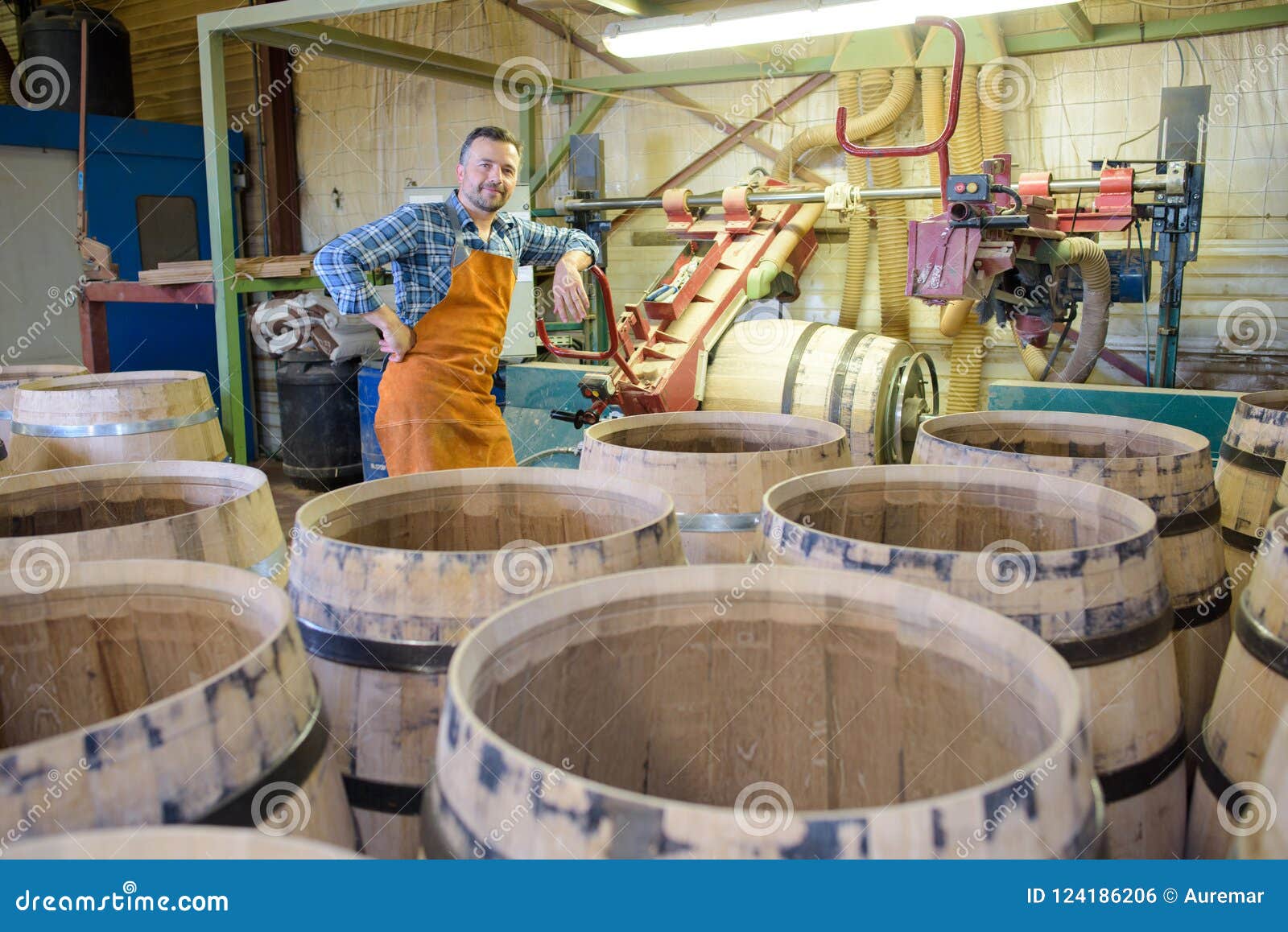 Wood Barrels Production Cooper Using Hammer and Tools in Workshop Stock ...