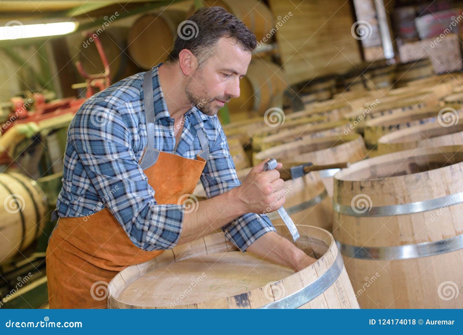 Wood Barrels Production Cooper Using Hammer and Tools in Workshop Stock ...