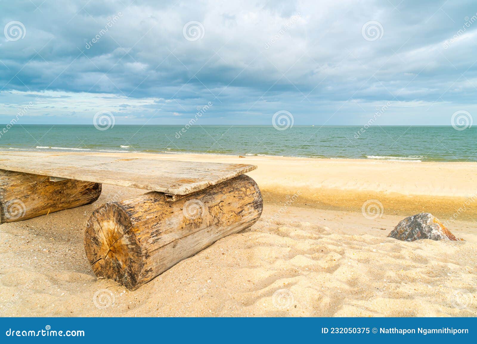 Wood Bench on Beach with Sea Beach Background Stock Image - Image of ...