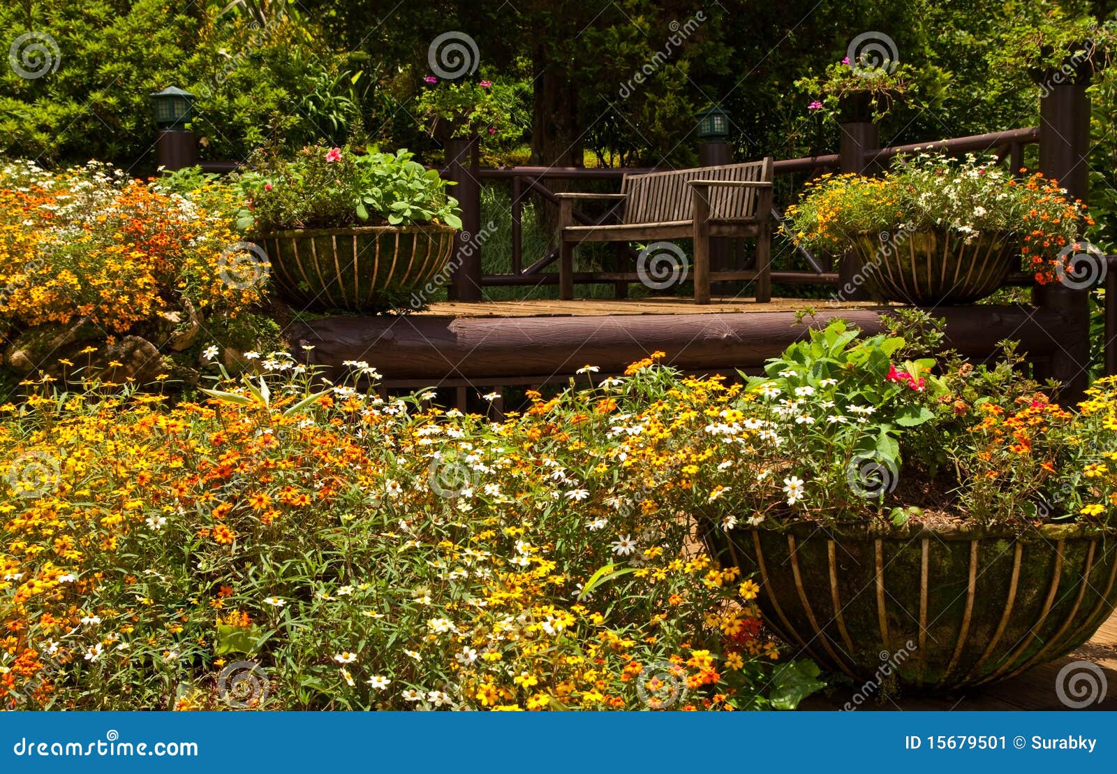Wood Bench in Flower Garden Stock Image - Image of background, rest ...
