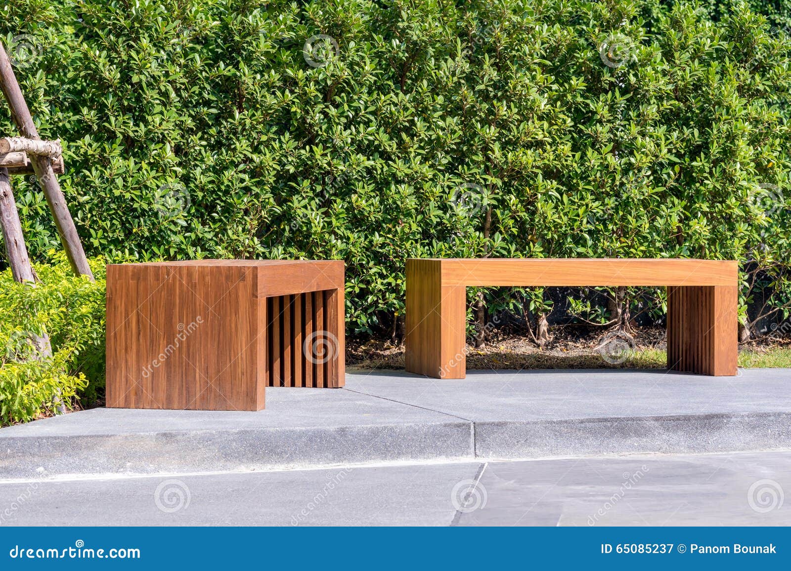 Wood Bench in Garden with Small Green Tree in Background Stock Image ...