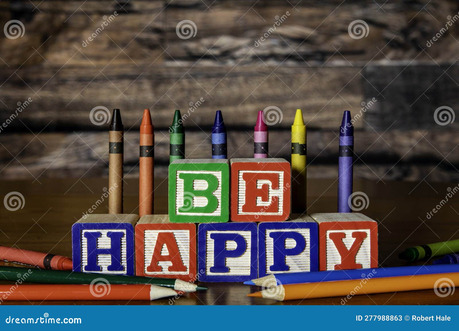 Wood Blocks Spelling Be Happy on Oak Table Stock Image - Image of word ...