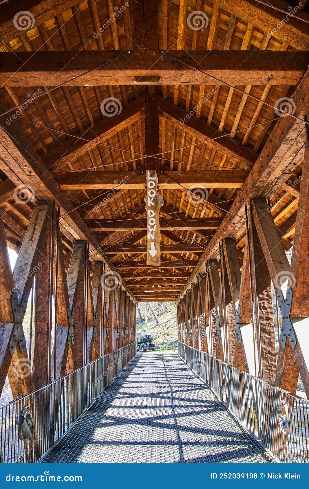 Wood Bridge with Look Down Sign from Being High Up Stock Photo - Image ...