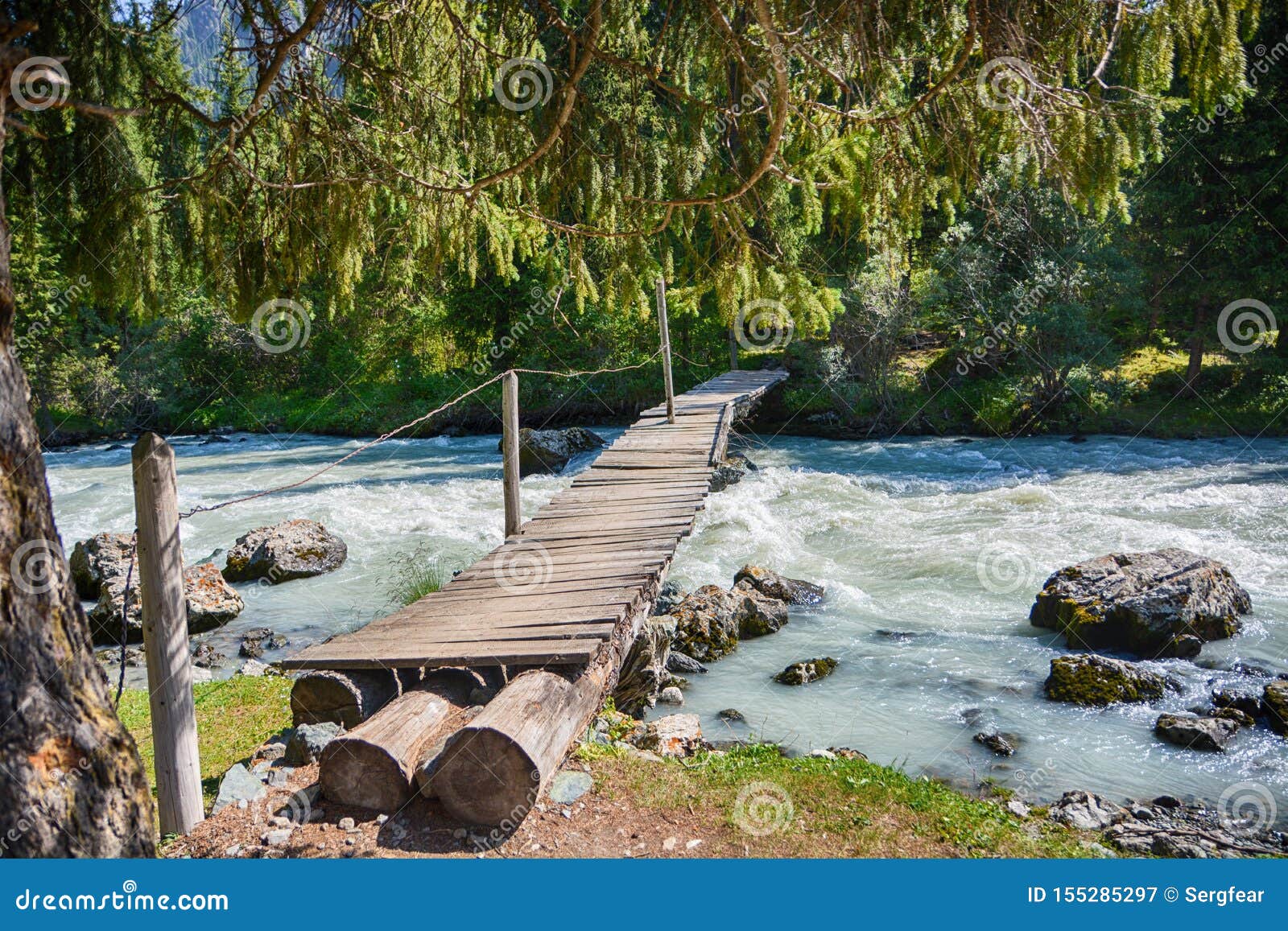 Wood Bridge in Mountain River Stock Image - Image of mountain, little ...
