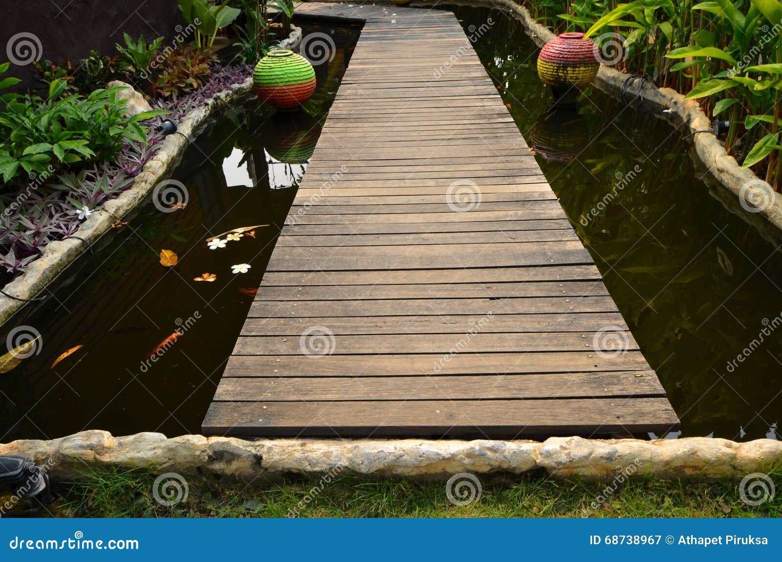 Wood Bridge Over a Little Pond Stock Image - Image of pathway, walkway ...