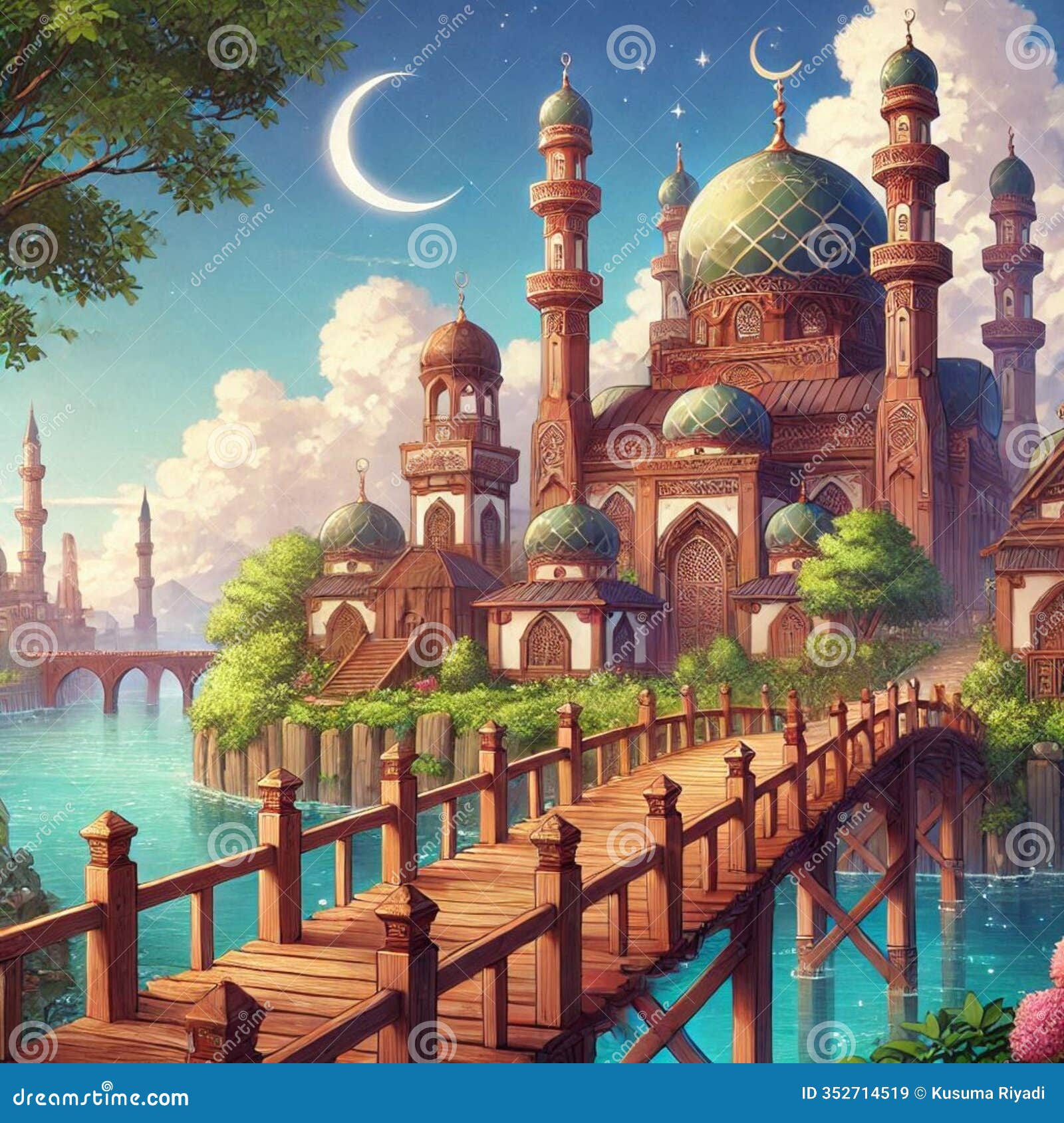 Wood Bridge To Large Mosque with a River Below Stock Image - Image of ...