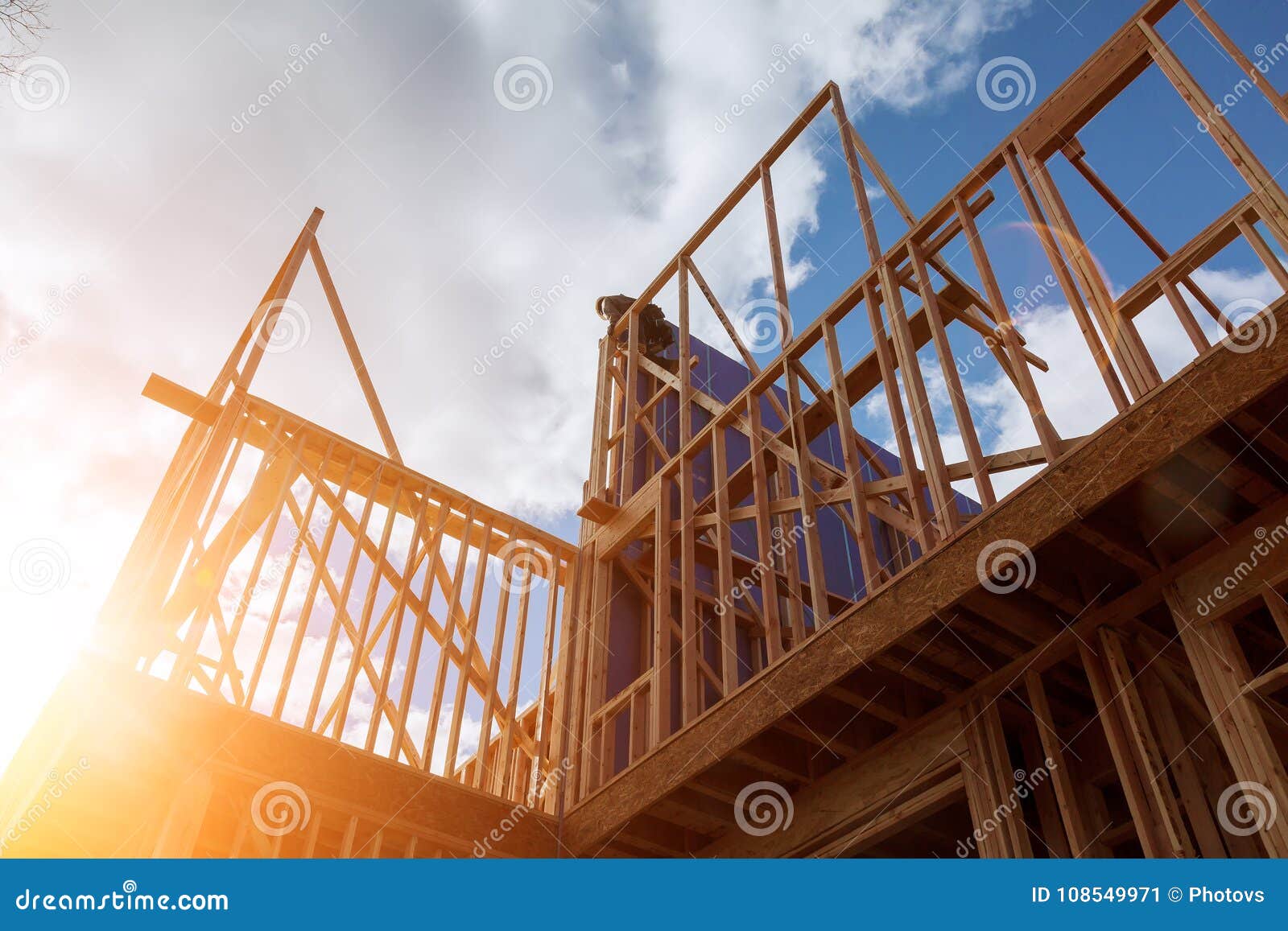 Builder Work with Wooden Roof Construction Wood Building Frame Stock ...