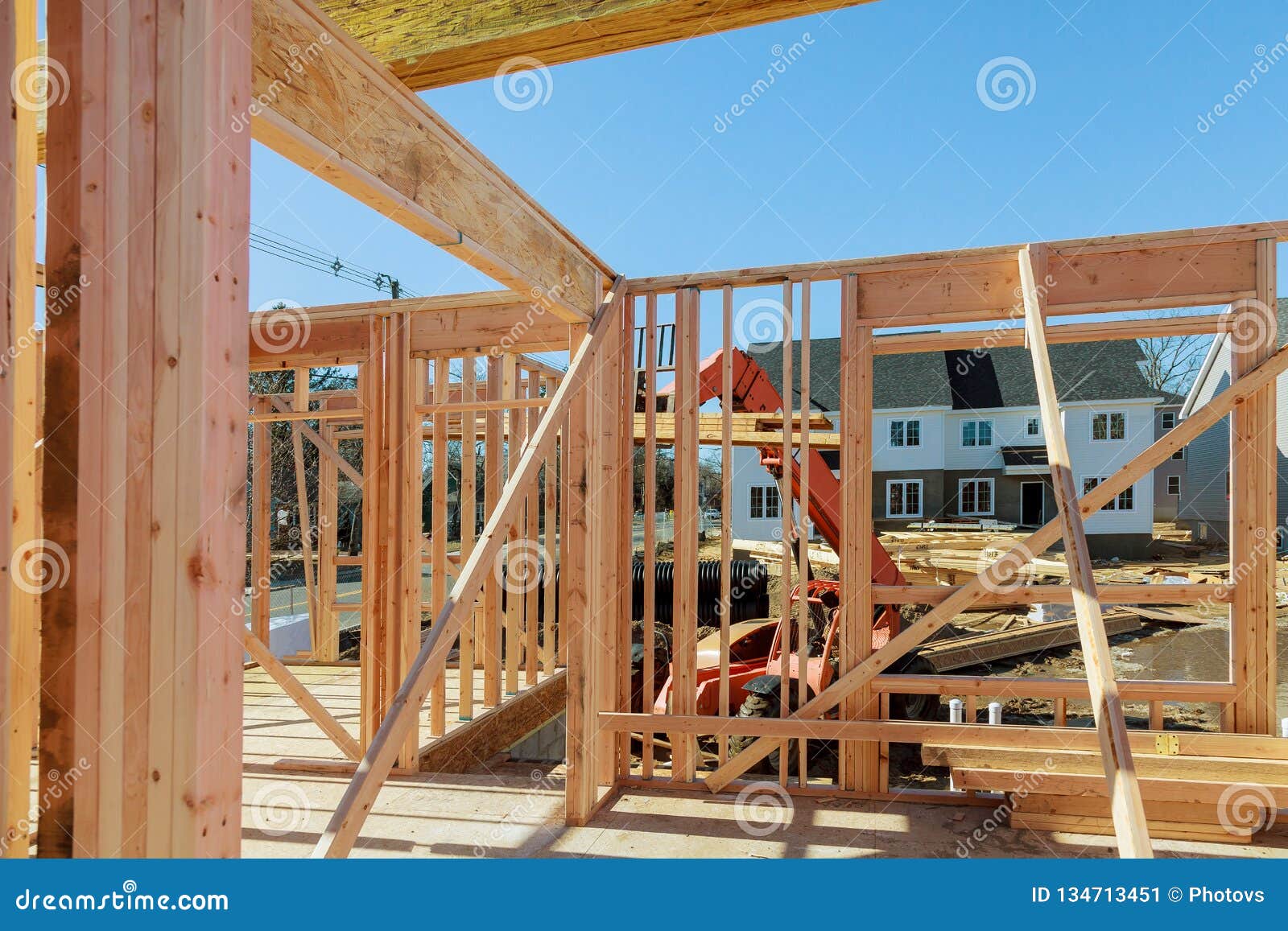 Building The Frame Of A Wooden House. Stage Of The Erection Of The Wall ...