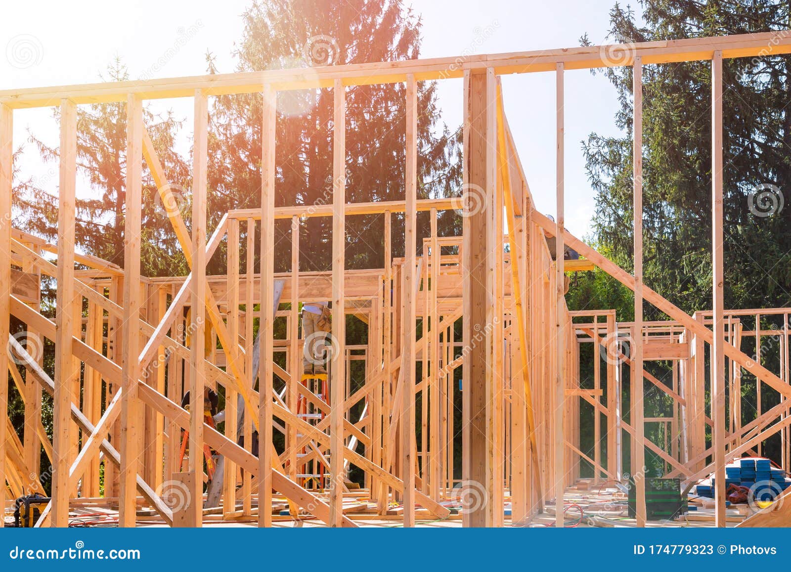 Wood Building Frame Structure on a New Development Stock Image - Image ...