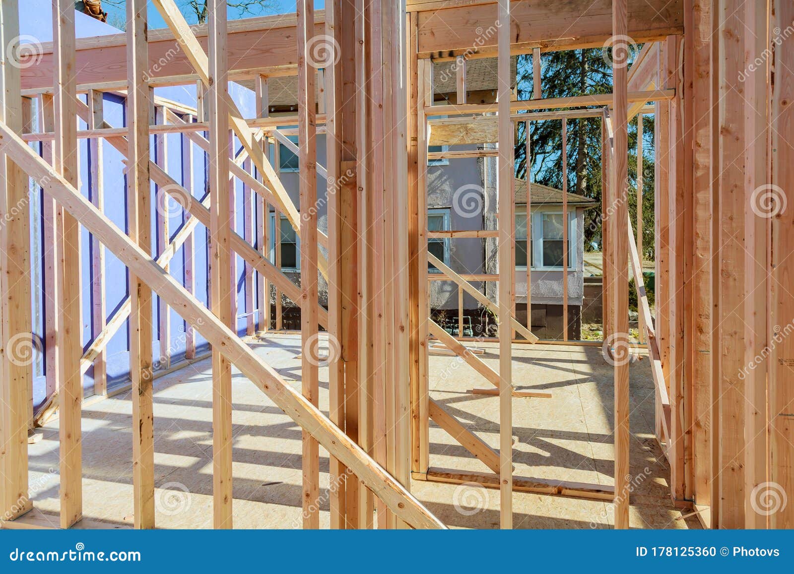 Wood Building Frame Structure on a New Development Stock Photo - Image ...