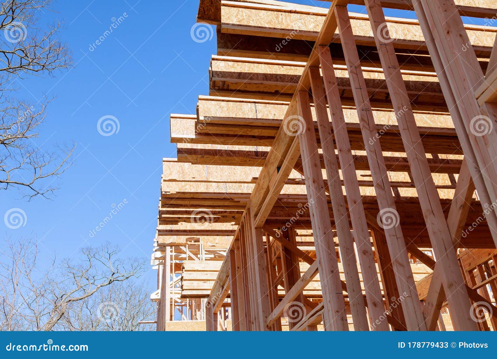 Wood Building Frame Structure on a New Development Stock Image - Image ...