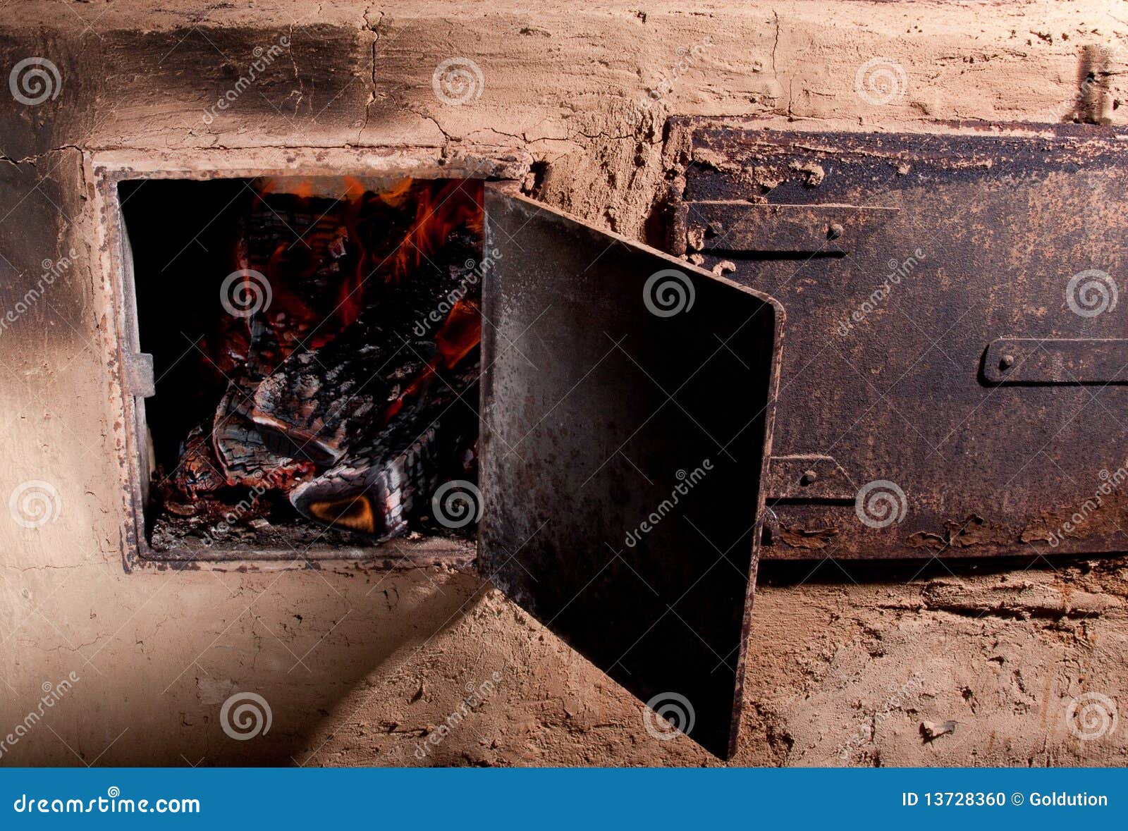Wood Burning Oven with Fire Stock Photo - Image of bright, firewood ...