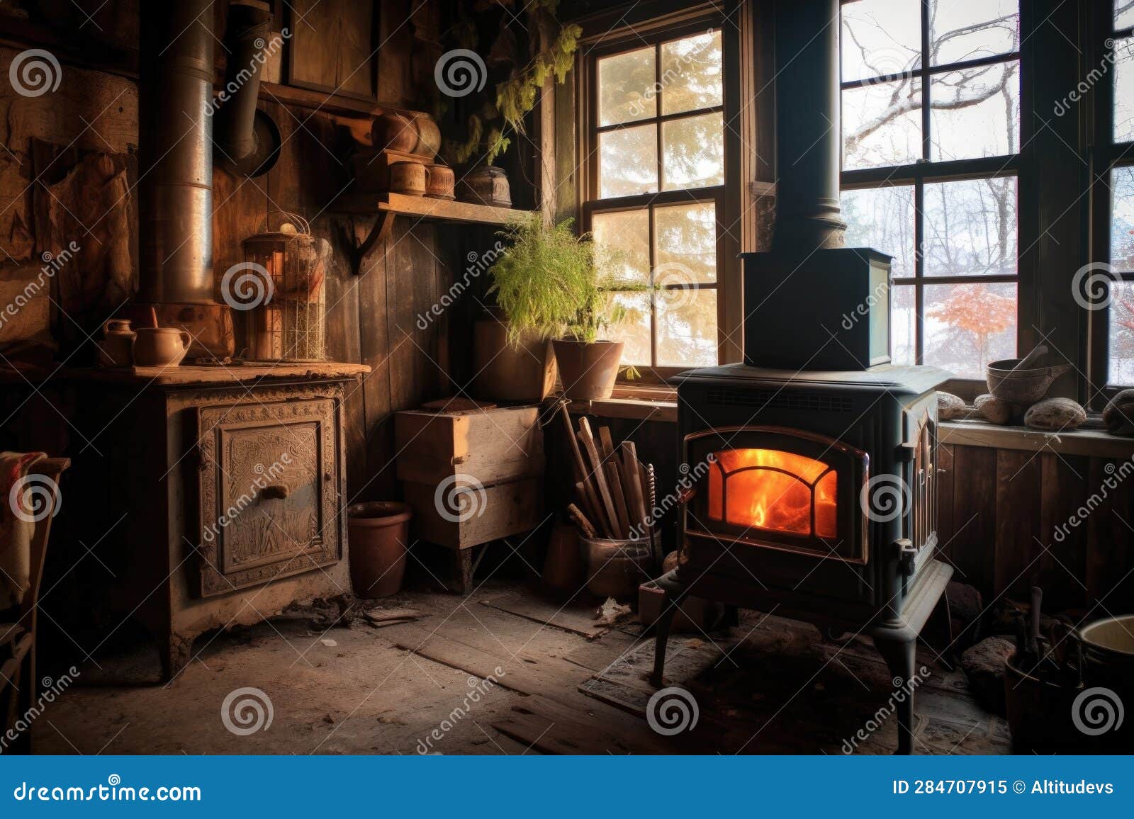 Wood-burning Stove in a Rustic Cabin Interior Stock Image - Image of ...